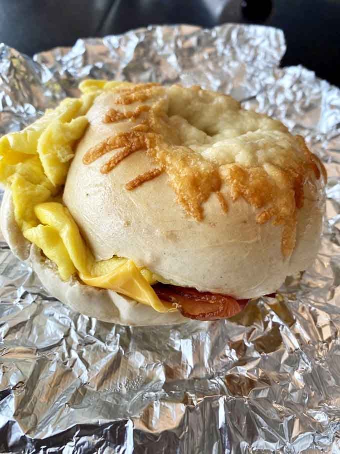 Behold the breakfast bagel in all its glory, wrapped in foil like a delicious gift you give yourself.