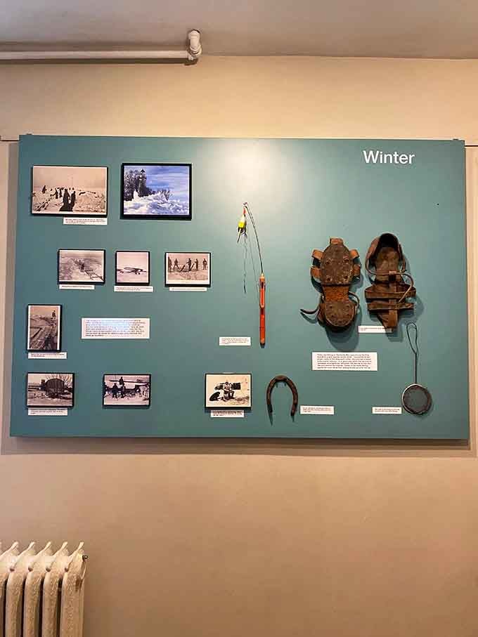 Vintage ice skates and fishing gear remind visitors that Lake Erie winters were no joke back in the day.