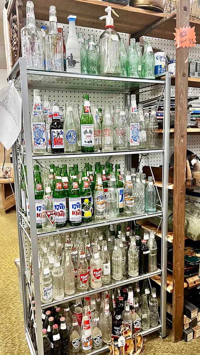Vintage soda bottles lined up like soldiers, each one telling stories of simpler refreshment times.