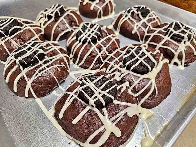 These chocolate cookies with white drizzle look like they're dressed up for a fancy party you definitely want to attend.