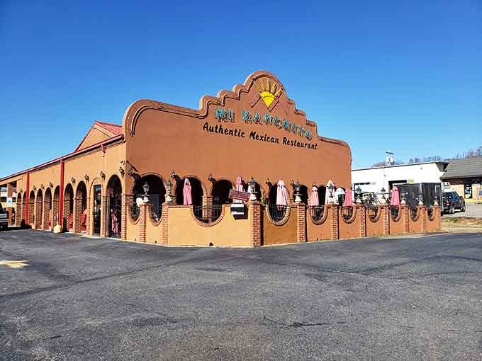 That terracotta exterior isn't just for show; authentic Mexican flavors await inside this local favorite.