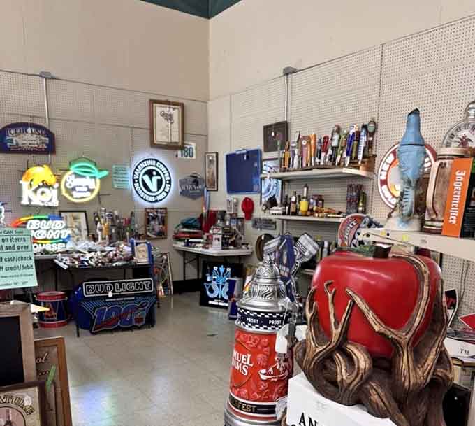 Beer signs and vintage finds create a collector's dream corner worth exploring for hours on end.