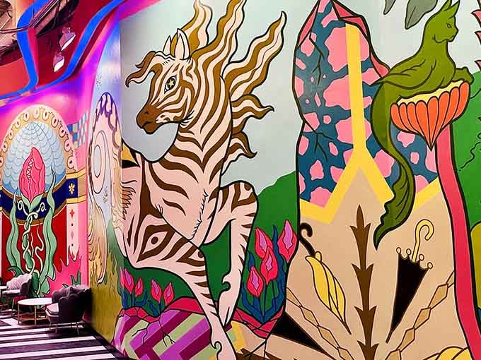 This mural proves that zebras and psychedelic plants make perfect neighbors when physics takes a coffee break.