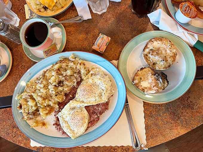 Corned beef hash and eggs that could fuel a small army through an entire day of productivity.