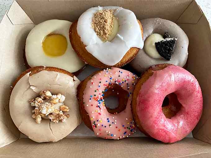 Six perfectly glazed mochi donuts arranged like edible jewels, each one a different adventure waiting to happen in your mouth.