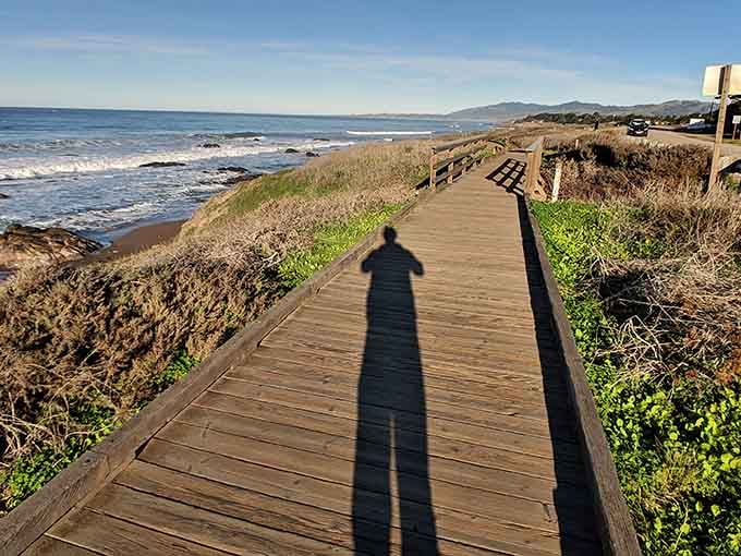 Your shadow leads the way to adventure, stretching long across planks that have witnessed countless perfect moments.