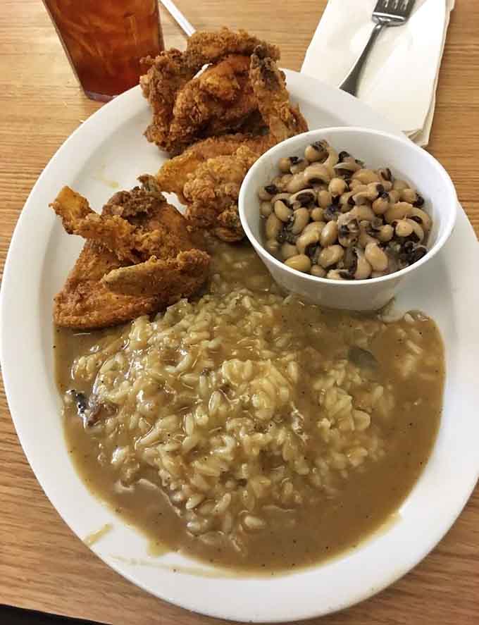 Black-eyed peas, rice swimming in gravy, and fried chicken that could make a vegetarian reconsider their life choices.