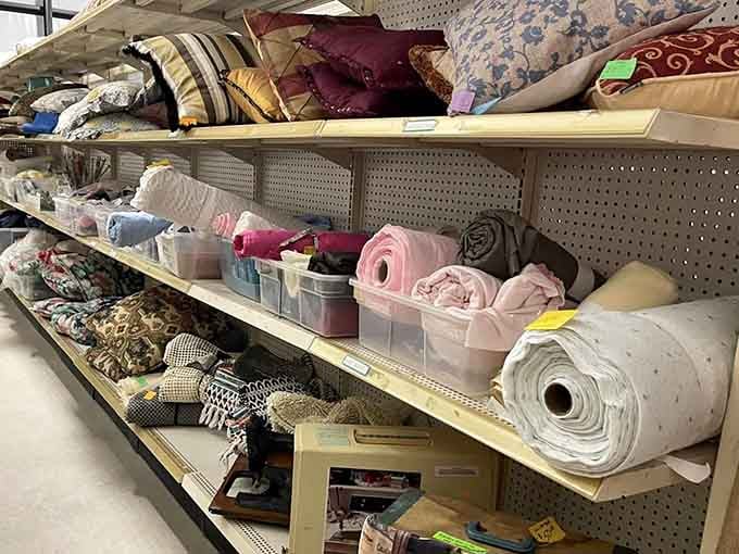 Fabric rolls and craft supplies line up like soldiers, ready to fuel your next creative adventure.