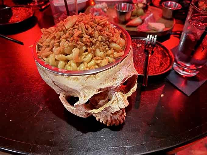 The Macabre & Cheese arrives in a skull bowl because regular dishes are for regular restaurants.
