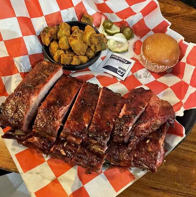 These ribs have that mahogany glaze that would make Fred Flintstone tip over his car in excitement.