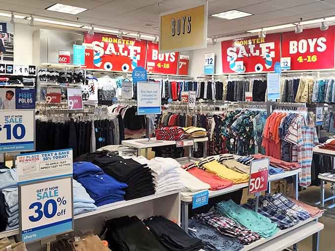 Boys' clothing sections where you can stock up for every growth spurt between now and high school graduation.