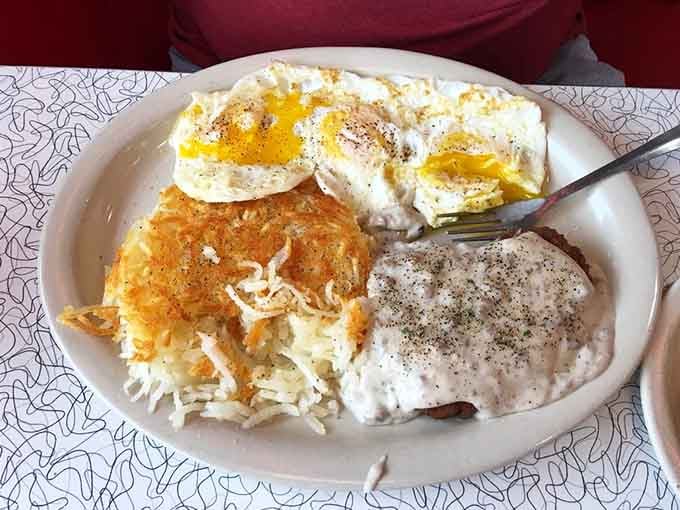 Country fried steak with eggs and hash browns: the breakfast that built America, one delicious plate at a time.