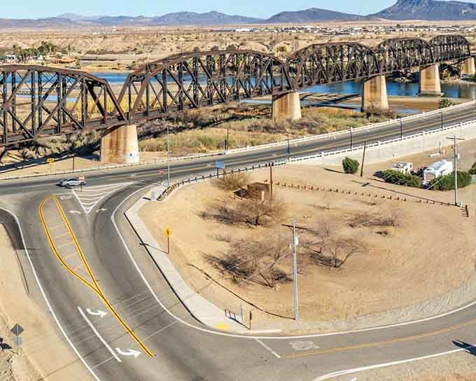 The historic bridge spanning the Colorado River connects Arizona to California, because even states need good neighbors to borrow sugar from.
