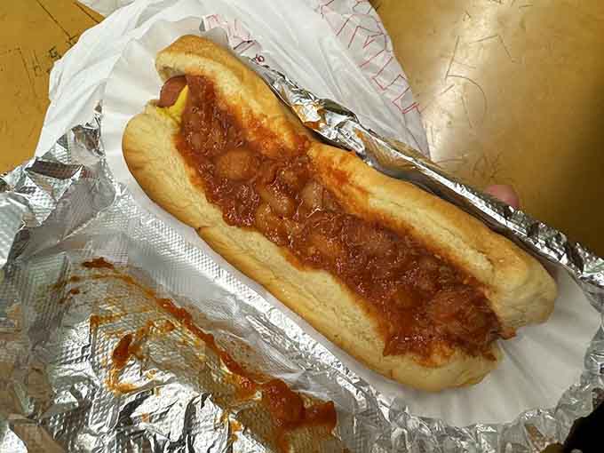 Behold the star of the show, draped in that famous chili like a hot dog wearing its Sunday best.