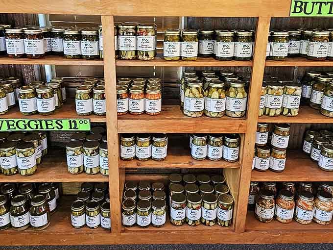 Rows of pickled vegetables lined up like delicious soldiers, ready to add crunch and tang to your next meal.