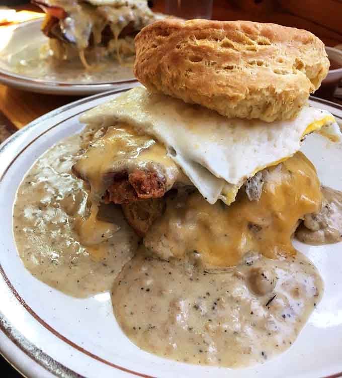 Behold the Reggie: fried chicken, bacon, cheese, and gravy conspiring together to ruin all other sandwiches forever.