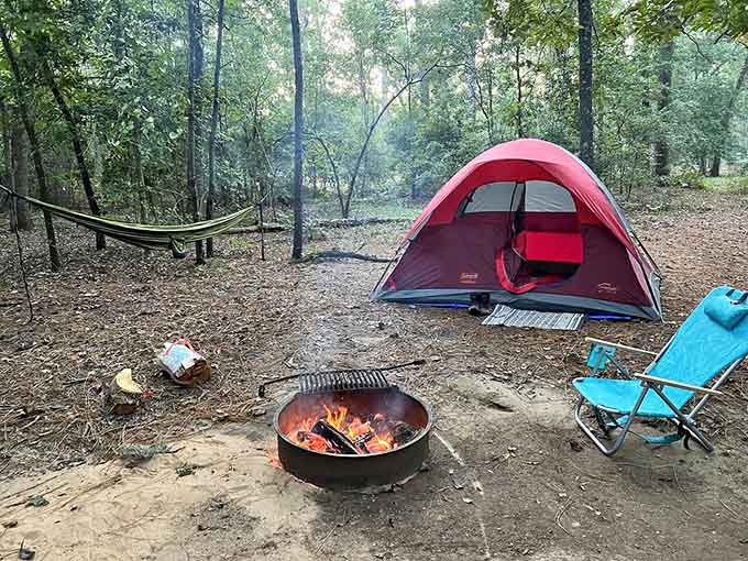 Your campsite awaits with a fire ring and hammock, because roughing it doesn't mean suffering unnecessarily.