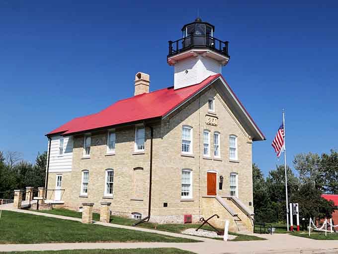 The 1860 Light Station stands proud with its red roof, a beacon of maritime history worth exploring on foot.