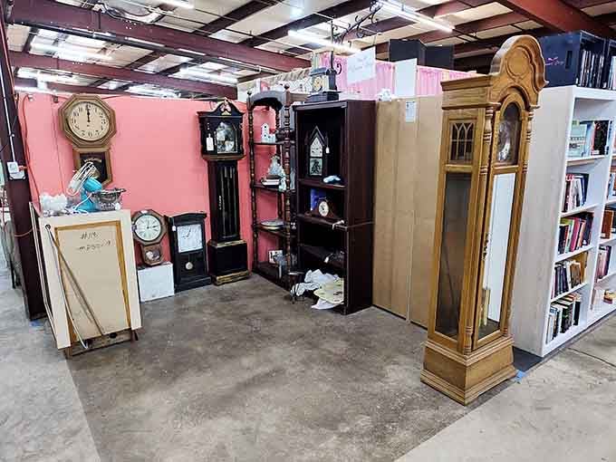 Grandfather clocks standing tall like sentinels of time, each one ticking with decades of memories and craftsmanship.