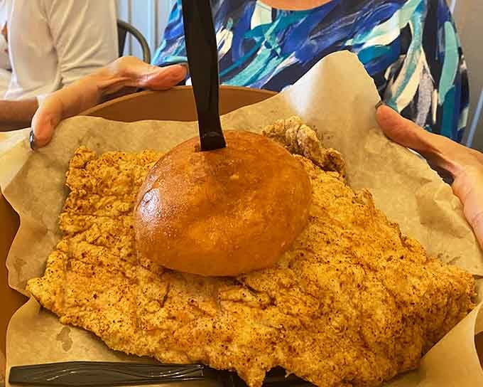 Behold the engineering marvel that requires two buns just to contain its golden, crispy ambitions and glory.