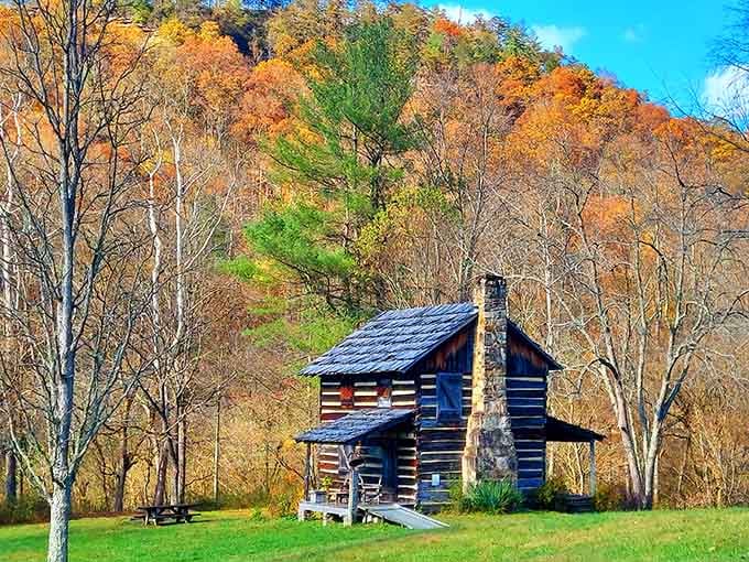 That weathered log cabin against autumn's fiery backdrop looks straight out of a Bonanza episode, minus the Cartwrights.
