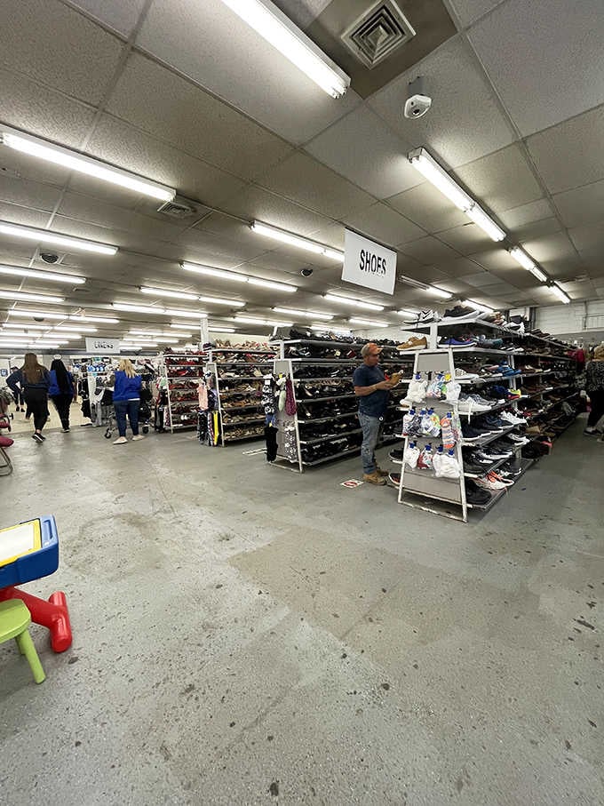 The shoe section alone could outfit an entire neighborhood, one gently worn pair at a time.