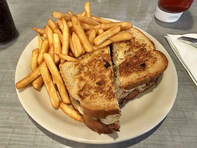 The grilled meatloaf melt arrives with enough fries to share, though you probably won't want to do that.