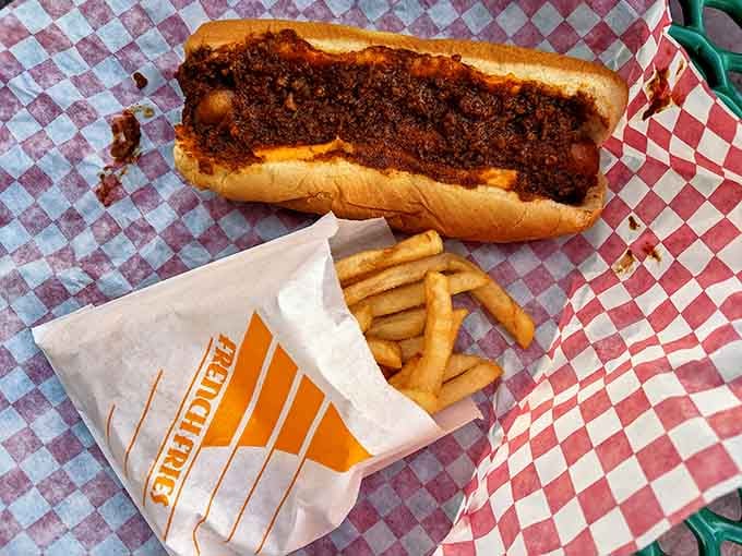 This chili dog is so generously topped, you might need a strategy session before your first bite.