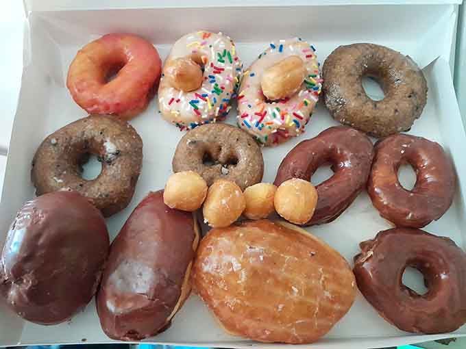 A dozen assorted donuts showcasing everything from sprinkles to chocolate, proof that variety truly is the spice of life.