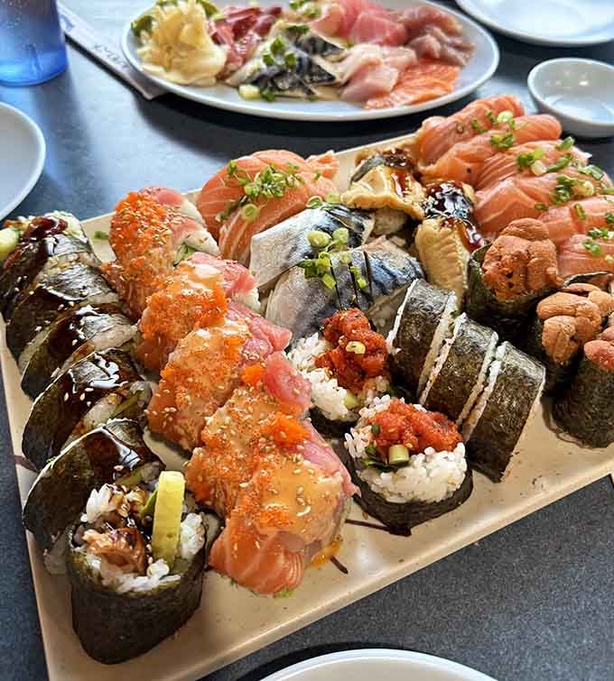 Behold the sushi platter that launched a thousand return visits, glistening with fresh fish and creative rolls.