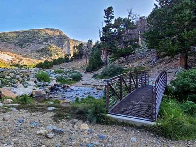 This footbridge marks the gateway to alpine paradise, where the air is thin and the views are thick.