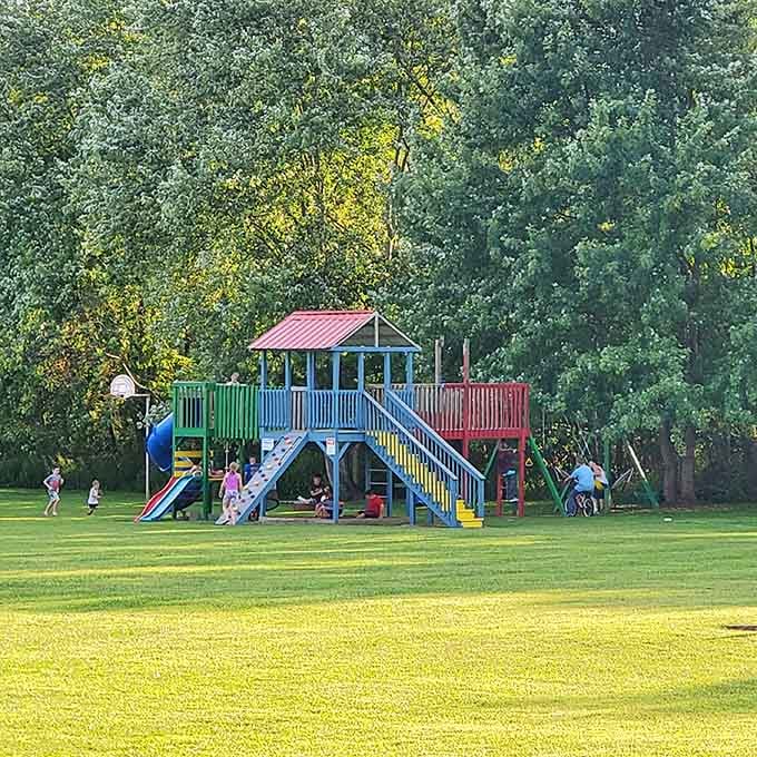 That colorful playground means the kids stay entertained while you finally finish that paperback from 2019.