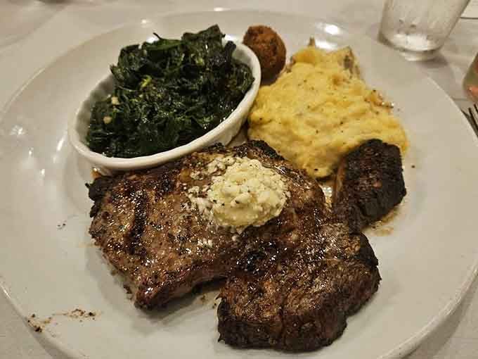 That ribeye with gorgonzola butter and collard greens proves that sometimes the classics need no improvement, just respect.