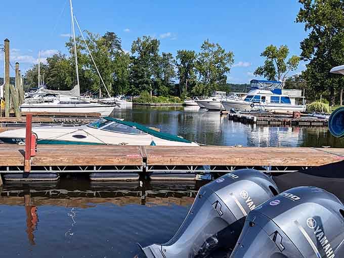 Marina life on the Hudson where boats bob peacefully and the mountains provide the perfect backdrop.