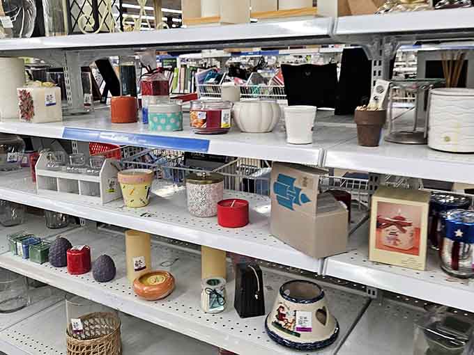 From flowerpots to picture frames, this shelf holds the eclectic charm of a hundred different households in one spot.