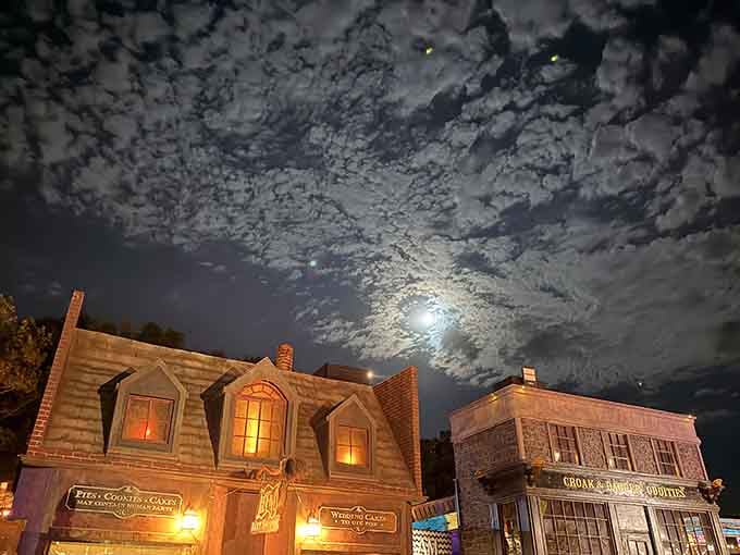 Even the moon seems nervous about what's happening down below at this sprawling complex of terror and screams.