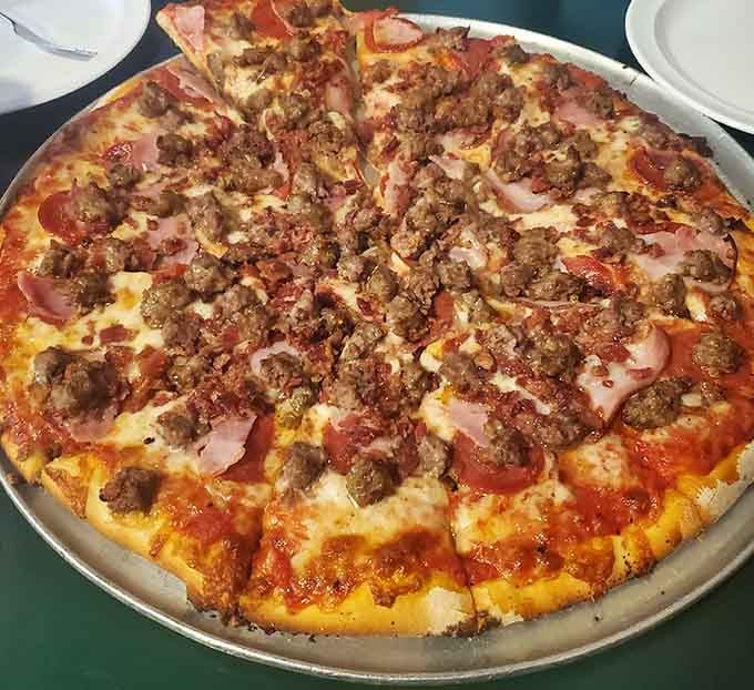 When meat lovers unite, this is their battle cry: pepperoni, bacon, sausage, and beef in glorious harmony.