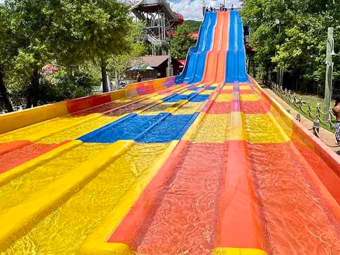 The mat slides turn you into a human torpedo, which is exactly what you need on a scorching Missouri afternoon.