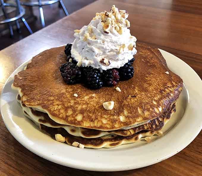 Golden pancakes stacked high with blackberries, whipped cream, and crushed hazelnuts look like breakfast won the lottery.