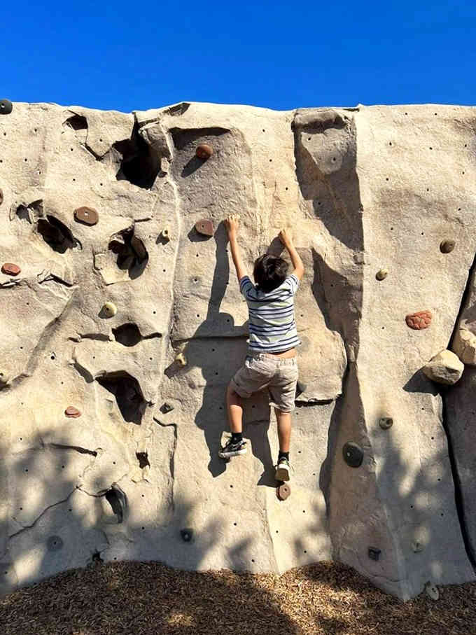Future rock stars practice their skills on the climbing wall, dreaming of conquering those massive cliffs in the background.
