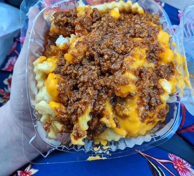 Chili cheese fries that look like they escaped from a state fair, gloriously messy and completely satisfying.