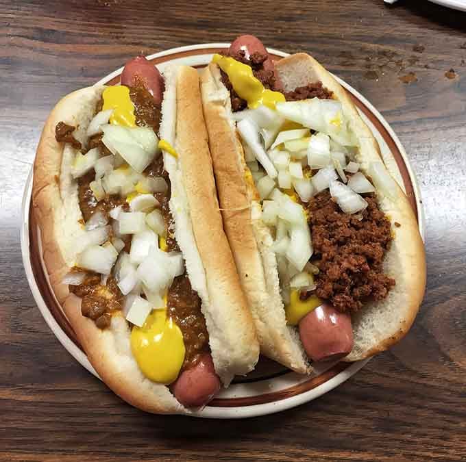 Behold the Michigan coney dog in all its glory&mdash;chili, onions, mustard, and pure happiness on a bun.
