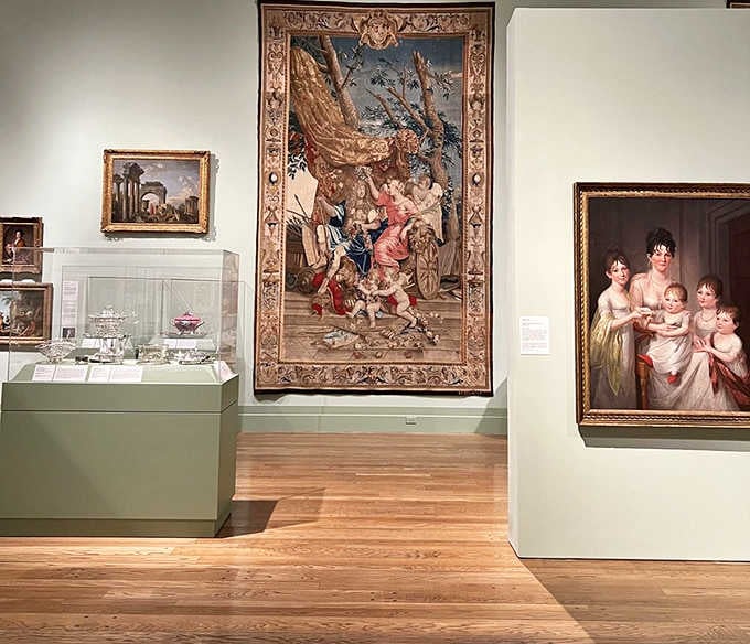 Classical European paintings and ornate tapestries transport you straight to the grand salons of centuries past.