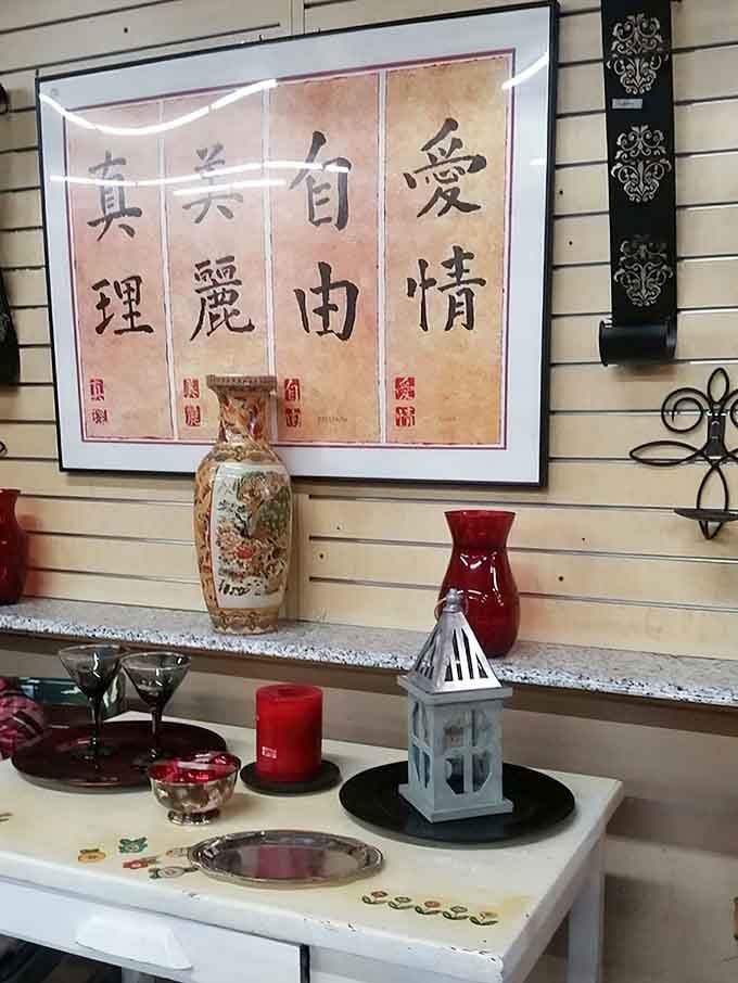 Asian-inspired art meets eclectic home decor in a display that proves one person's clutter is another's charm.