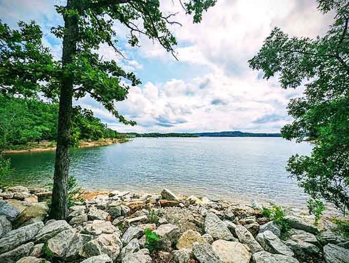 Trees frame this rocky shoreline perfectly, like nature's own picture window overlooking miles of pristine water.