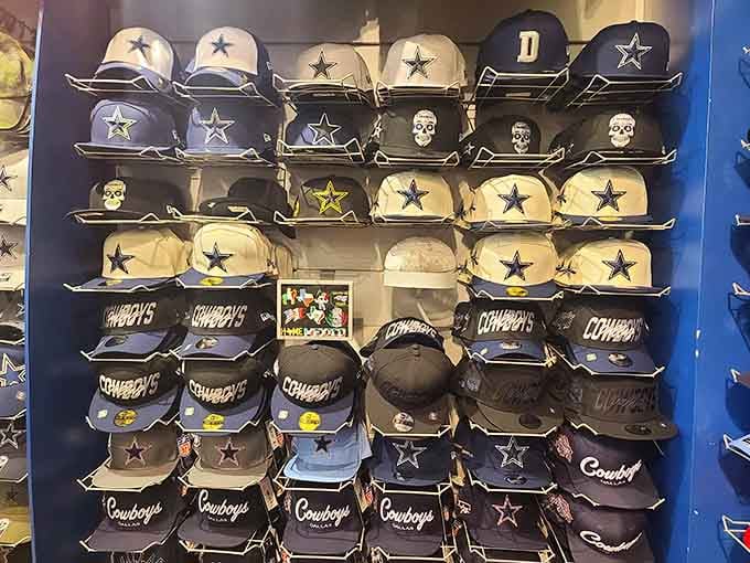 Cowboys gear stacked like trophies, because in Texas, showing your team pride is practically a constitutional requirement, even at outlet prices.