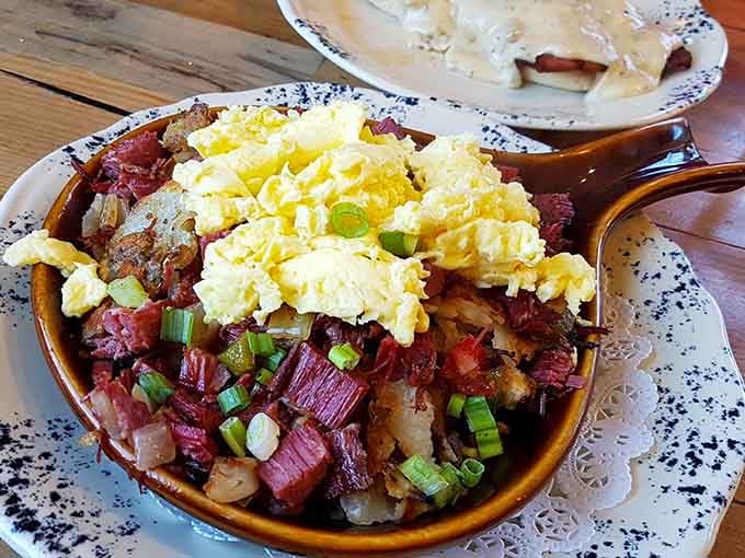 Corned beef hash done right, topped with perfectly cooked eggs that know their purpose in life.