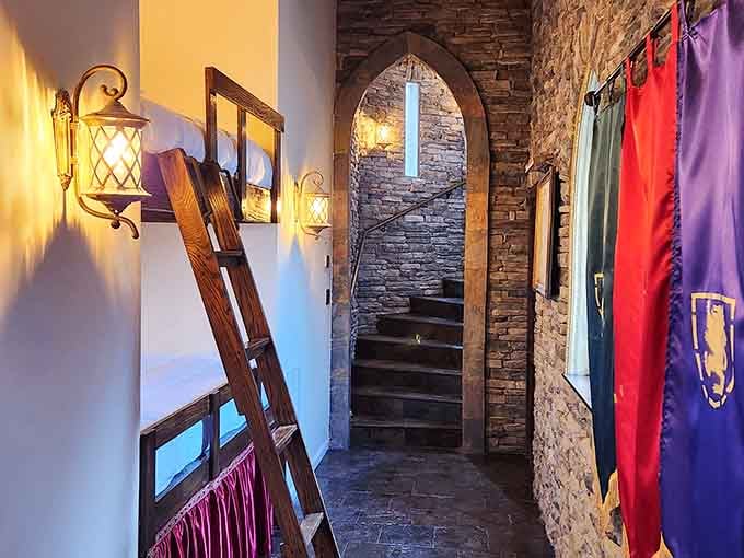 Medieval banners and spiral staircases make every trip to the bathroom feel like an epic quest worth undertaking.