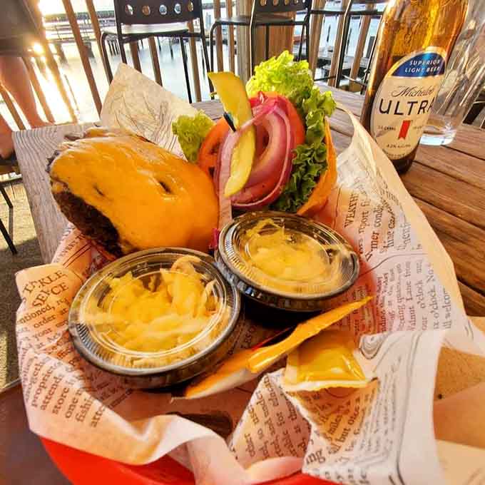 That Angus burger with melted cheese proves even waterfront seafood spots know their way around landlubber comfort food done right.