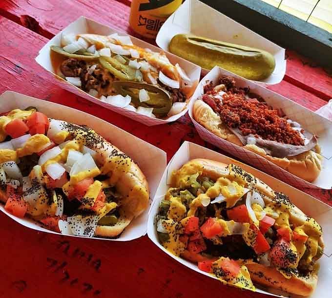 This colorful spread of loaded hot dogs proves that sometimes the best meals require both hands and zero apologies.